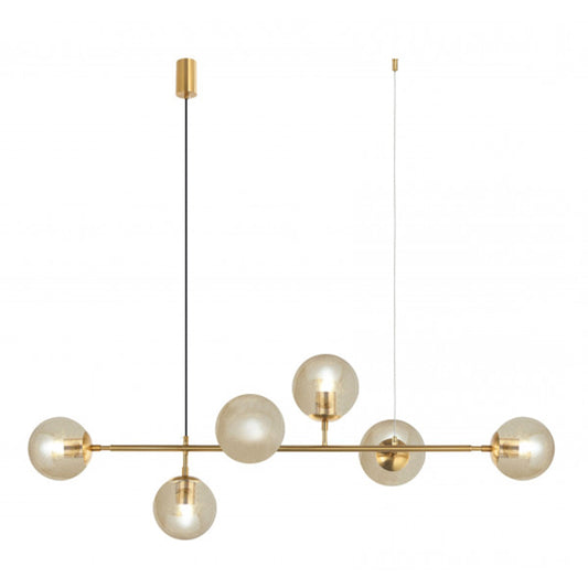 Spark 6 Light Satin Brass Linear with Smoke, Amber or Opal Glass Shades